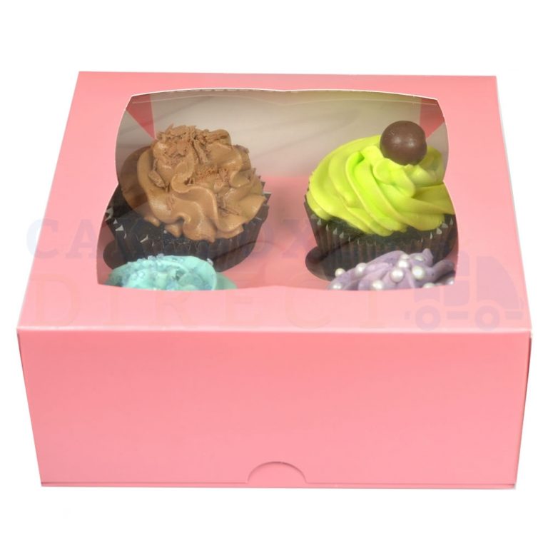 4 Premium Pink Cupcake Window Box with 6cm Divider - Cake Boxes Direct Ltd